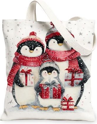 Generic Sac fourre-tout en toile motif pingouin mignon, motif animal enneig&eacute; festif, sacs d&eacute;picerie r&eacute;utilisables, l&eacute;gers et lavables avec bandouli&egrave;re, Blanc,