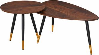 HOMCOM Homcom - Lot de 2 tables basses gigognes style art déco pieds effilés inclinés métal noir extrémités doré plateaux mdf aspect teck foncé