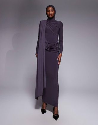 Asos Robe longue pr&egrave;s du corps effet drap&eacute; &agrave; manches longues - Gris ardoise
