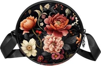 Generic Petit sac &agrave; bandouli&egrave;re circulaire pour femme, motif feuilles florales, sac &agrave; dos avec fermeture &eacute;clair, bretelles r&eacute;glables, sac &agrave; main rond d&eacute;contra