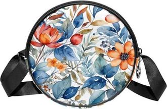 Generic Sac &agrave; bandouli&egrave;re rond pour femme, motif fleurs et feuilles, sac &agrave; dos avec fermeture &eacute;clair, bretelles r&eacute;glables, sac &agrave; main rond d&eacute;contract&eacute; pour fe