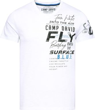Camp David Herren T-Shirt mit V-Neck und Label Prints Opticwhite, XXXL