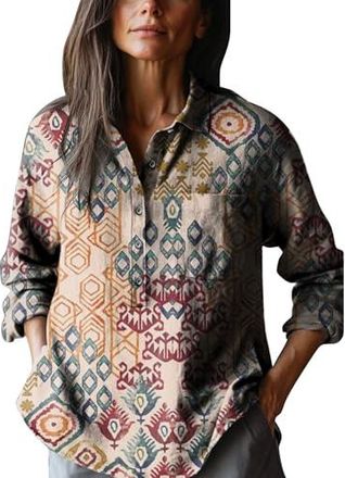 Generico Chemise Femme Curvy &agrave; Manches Longues T Shirt Coton Et Lin D&eacute;contract&eacute; Respirant Chemisier Col en V L&eacute;ger Chemises Vintage Fantaisie avec Boutons Clas