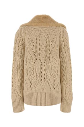 Ermanno Scervino Wool Cable-Knit Shearling-Collar Coat - Beige
