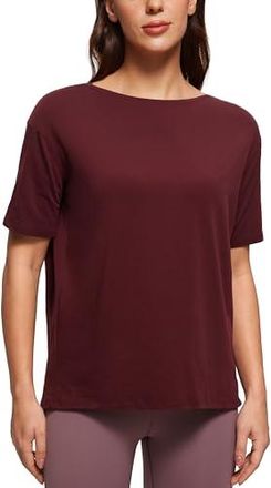 CRZ YOGA Femme Coton Pima T-Shirt dété Ample et Long Léger Haut de Sport à Manches Courtes Merlot Rouge 44
