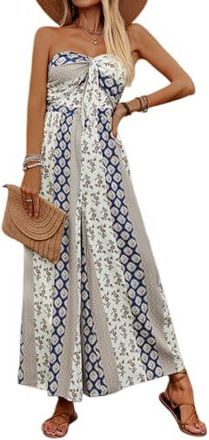 Generic Combinaison d&eacute;t&eacute; sans bretelles imprim&eacute;e boh&egrave;me pour femme, noeud sur le devant, jambes larges, d&eacute;contract&eacute;, plage, vacances, bleu, M