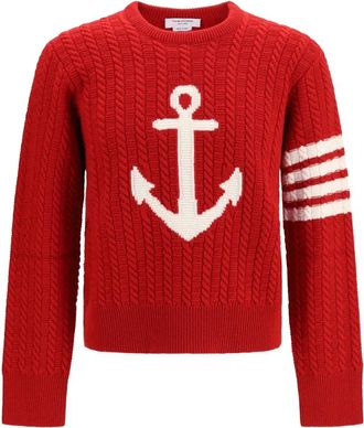 Thom Browne Pull Col Rond Laine M&eacute;rinos Intarsia Ancre 4 Barres - Homme - Pulls - Rouge - Taille: XL