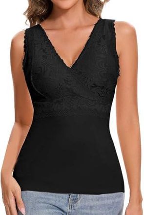 Generic D&eacute;bardeur thermique doubl&eacute; en polaire avec col en V et dentelle pour femme, Noir, XL