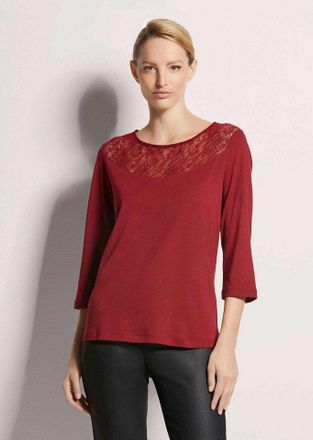 Madeleine Kurzarmshirt Rundhals-Shirt mit Spitze, Baumwollmix Uni-Design, U-Boot-Ausschnitt, Knopfverschluss im R&uuml;cken