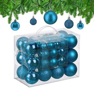 Relaxdays Weihnachtskugeln im 50er Set, Kunststoff, glitzernde, Matte, gl&auml;nzende Baumkugeln, Christbaumschmuck, Petrol