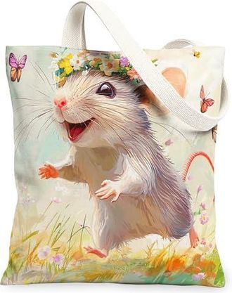 Generic Sac fourre-tout en toile motif rat printanier et souris pour faire du shopping, 33 x 38,1 cm, motif papillons amusants, sac d&eacute;picerie r&eacute;utilisable pou
