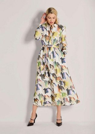 Madeleine Midikleid Modernes Hemdblusenkleid mit Tailleng&uuml;rtel Langarmkleid mit Ethno-Muster und Hemdkragen