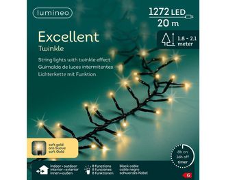 Lumineo EXCELLENT TWINKLE Lichterkette 1.272 LED 20 m Soft Gold - mit 8 Lichtfunktionen & Timer 8 h, IP44 wetterfest, 25 m Gesamtl&auml;nge mit 5 m Zuleitung, LED 