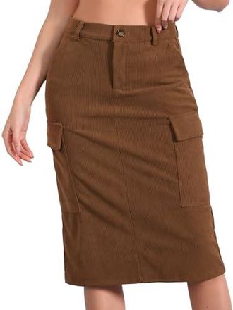 Allegra K Jupe Cargo Femme Midi en Velours Côtelé à Taille Haute avec Poches Jupe Moulante Élastique avec Fente à lArrière Marron S