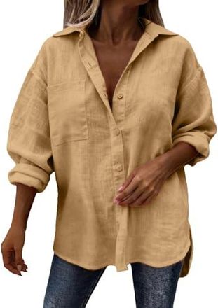 Generic Chemise Femme Coton Et Lin Chemisier avec Bouton 2026 Nouveau Chemisiers Polyvalent Haut D&eacute;contract&eacute; Large Top Grande Taille Chemisier Mi Saison S-3Xl