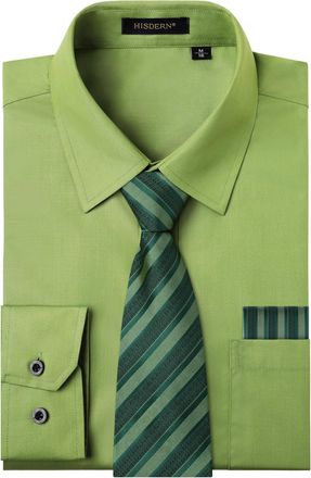 Hisdern Herren Hemd Hellgr&uuml;n Langarm Einfarbige Hemden mit Krawatte und Taschentuch Formelle Businesshemd Hochzeit Freizeithemd mit Tasche Regular Fit XXL