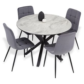 Homestyle4u Essgruppe 5er-Set, Runder Esstisch &Oslash; 110 cm & 4 gepolsterte St&uuml;hle - Metallgestell, Steinoptik-Tischplatte, modernes Dining Set, Artikel 3086