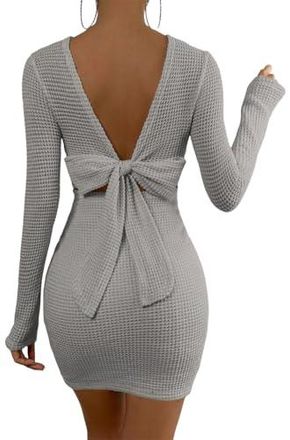 Onsoyours Robes Femmes &Eacute;l&eacute;gantes &Agrave; Manches Longues Sexy Dos Nu Dentelle Robe Patchwork D&eacute;contract&eacute;e Mini Robe Couleur Unie Robe De Soir&eacute;e 04 Gris XL
