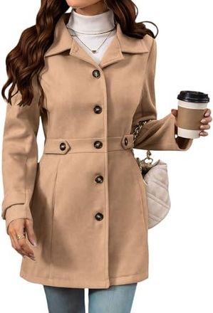 Generic Trench &agrave; simple boutonnage pour femme - Longueur mi-longue - V&ecirc;tement dext&eacute;rieur habill&eacute; - Revers crant&eacute; - Automne et hiver - Caban, kaki, XXL