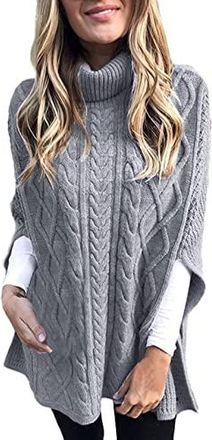 Generic Pull &agrave; col roul&eacute; en tricot de style poncho pour femme avec manches cape, &eacute;l&eacute;gant, ample et chaud, chic, hauts d&eacute;contract&eacute;s, gris, XL
