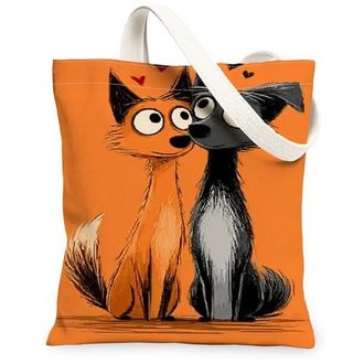 Generic Sacs fourre-tout en toile avec motif animal mignon, imprim&eacute; renard et chien, sacs d&eacute;picerie r&eacute;utilisables, l&eacute;gers et lavables avec bandouli&egrave;re en toil