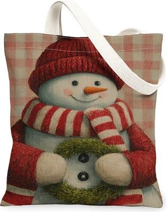 Generic Sacs fourre-tout en toile bonhomme de neige, sacs &agrave; provisions r&eacute;utilisables, vintage d&eacute;coratifs, l&eacute;gers et lavables avec bandouli&egrave;re Ca, Rouge, 13x15