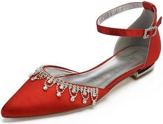 Generic Satin Chaussures De Mariage Mari&eacute;e Bout Pointu &Eacute;t&eacute; Plates Mariage Soir&eacute;e Chaussures Femmes 2Cm,Rouge,36 EU