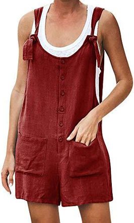 ORANDESIGNE Combishort Été Femmes Salopette en Coton et Lin Couleur Unie Grande Taille Col en U sans Manches Casual Combinaison avec Poches Jumpsuit Short Rompers