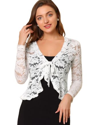 Allegra K Damen Spitzenbolero Langarm Bolero Durchsichtig R&uuml;schensaum Crop Blumen Shrug Wei&szlig; XXL