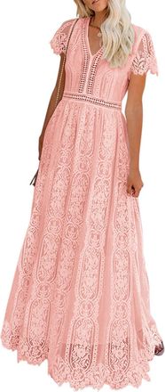 Merokeety Damen V Ausschnitt Kurzarm Floral Spitze Hochzeitskleid Brautjungfer Cocktail Party Maxikleid, Rose, Gro&szlig;