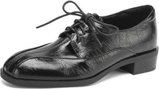 Generic Femmes rétro Rond à Bout fermé PU Cuir Oxford Chaussures Confortables Bas Gros Blocs Talons Glisser sur Lacets Plats de soirée fête Chaussures de Bal,