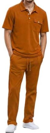 Generic Tenue d&eacute;contract&eacute;e &agrave; manches courtes pour homme avec chemise et pantalon de couleur unie 2 pi&egrave;ces avec poches, marron, 3XL