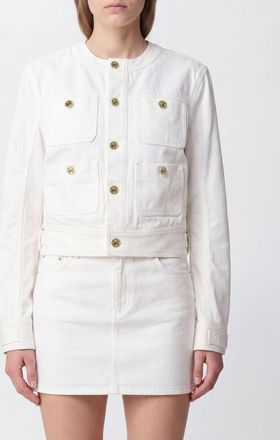 Balmain Kurze Jeansjacke aus Baumwolle mit Rundhalsausschnitt