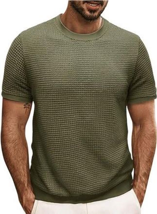 Generic T-shirt tricoté décontracté à manches courtes et col rond texturé pour homme, Vert, XXL