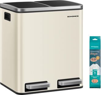 Songmics M&uuml;lleimer K&uuml;che, 2 x 15 Liter, M&uuml;lltrennsystem 2 F&auml;cher, inklusive 15 M&uuml;llbeutel, Abfalleimer, Treteimer, recycelbare Abf&auml;lle, Biom&uuml;ll, Softclose-Deck