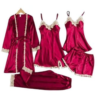 Generic YUJIEBB Ensemble de pyjama 5 pi&egrave;ces en satin pour femme en dentelle patchwork bril v&ecirc;tements de nuit de mariage rayonne v&ecirc;tements de nuit et robe de n