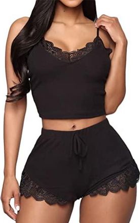 Onsoyours Pyjama Femme Été Sexy Chic Court Satin Ourlet en Dentelle Ensemble Pyjama Femme Short Et Cami 10 Pièces Vêtement DIntérieur Vêtements De Nuit À sans M