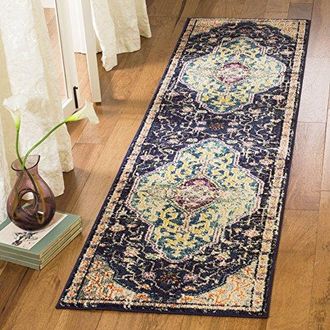 Safavieh Boho Teppich für Wohnzimmer, Esszimmer, Schlafzimmer - Monaco Collection, Kurzer Flor, Schwarz und blau, 66 X 244 cm