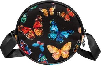Generic Sac &agrave; bandouli&egrave;re rond pour femme, motif papillon, fleurs, petit sac &agrave; bandouli&egrave;re avec fermeture &eacute;clair, bretelles r&eacute;glables, sac &agrave; main rond d&eacute;contr