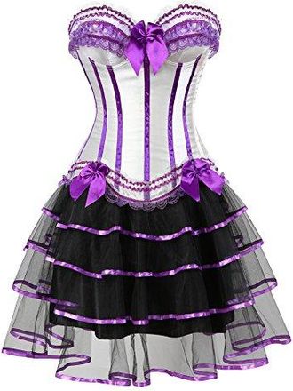 Grebrafan Corset &agrave; Rayures et Jupe Tulle Femme Ensemble Bustier Burlesque (EUR(36-38) L, Violet Blanc)