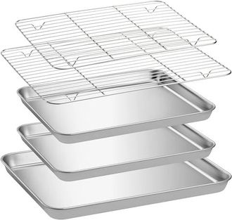 Navaris 3X Bac Cuisson INOX - Plat Rectangulaire Acier Inoxydable avec Grille de Refroidissement - Plaque Cuisson Four pour Pâtisserie Gratin Frites