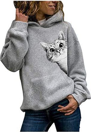 Onsoyours Sweat À Capuche pour Femmes Sweat À Capuche Chemise À Manches Longues Col Rond Motifs De Chats Drôles Imprimé À Capuche Pull De Chat Pull Décontracté 