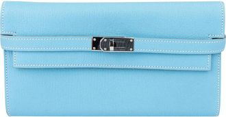 Herm&egrave;s Portemonnaie - Hermes Bleu Leather Palladium Kelly Wallet - Gr. unisize - in Blau - f&uuml;r Damen