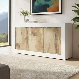 Dmora Kommode Osiglia, Wohnzimmerbuffet, Wohnzimmer-Sideboard, Moderne K&uuml;chen-Speisekammer, Made in Italy, 160x43 h86 cm, Wei&szlig; und Akazie