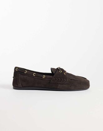 Mango chaussure bateau 100 % cuir chocolat-Marron