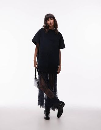 Asos Hybrid-T-Shirt-Maxikleid aus Cord in dunklem Marineblau mit Rock aus Spitze