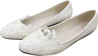 Holibanna Chaussures de mari&eacute;e blanches &agrave; dentelle pour femme Chaussures plates &agrave; sur dentelle synth&eacute;tique Ballerines, Blanc., 39 EU
