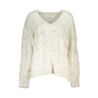 Desigual Chic V-Ausschnittpullover mit Kontrast und Logo-Detail - - Knitwear - Damen - Wei&szlig; - L