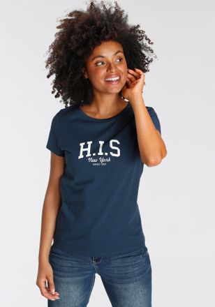H.I.S T-Shirt H.I.S, Damen, Gr. 32/34, blau (marine), Single Jersey, Obermaterial: 100% Baumwolle, bedruckt, figurumspielend, Shirts T-Shirt, bedruckt, f&uuml;r 