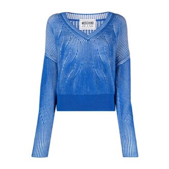 Moschino Pull col en V bicolore - Femme - Pulls - Bleu - Taille: 36 FR